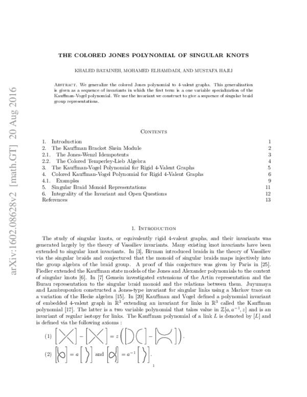 (PDF) The Colored Jones Polynomial of Singular Knots