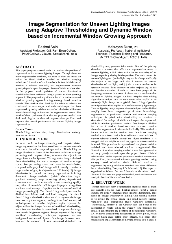 Pdf Image Segmentation For Uneven Lighting Images Using Adaptive Thresholding And Dynamic