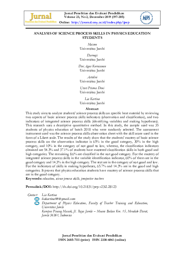 (PDF) Analysis of science process skills in physics education students