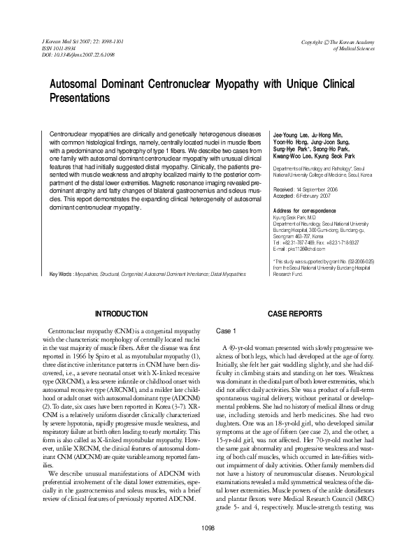(PDF) Autosomal dominant centronuclear myopathy with unique clinical ...