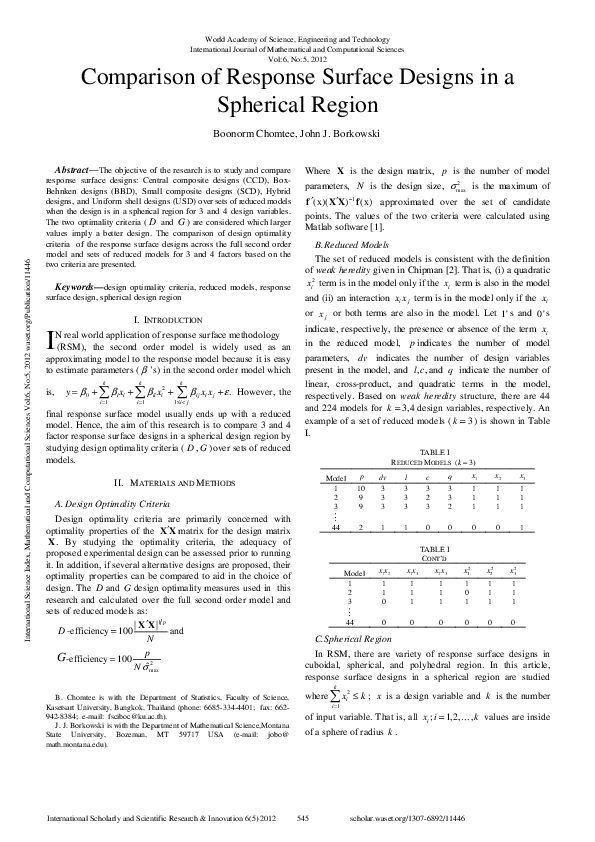 (PDF) Comparison Of Response Surface Designs In A Spherical Region