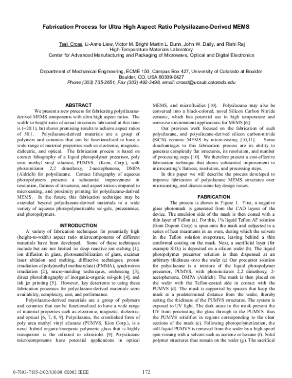 (PDF) Fabrication process for ultra high aspect ratio polysilazane-derived MEMS