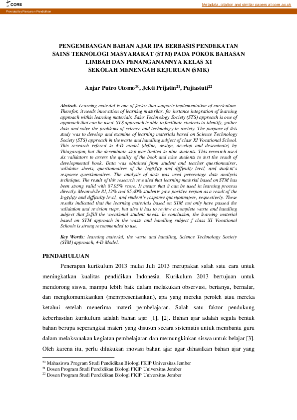 (PDF) Pengembangan Bahan Ajar Ipa Berbasis Pendekatan Sains Teknologi Masyarakat (STM) Pada ...