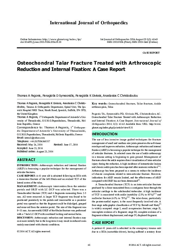 Pdf Arthroscopic Reduction And Internal Fixation Arif Of A Comminuted Posterior Talar Body