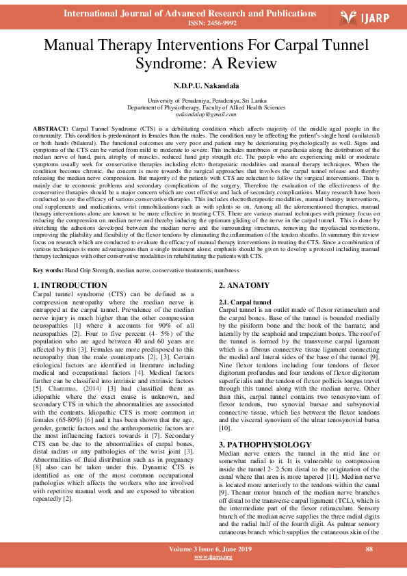 (PDF) Manual Therapy Interventions For Carpal Tunnel Syndrome: A Review