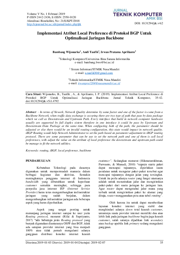 (PDF) Implementasi Atribut Local Preference di Protokol BGP Untuk Optimalisasi Jaringan Backbone