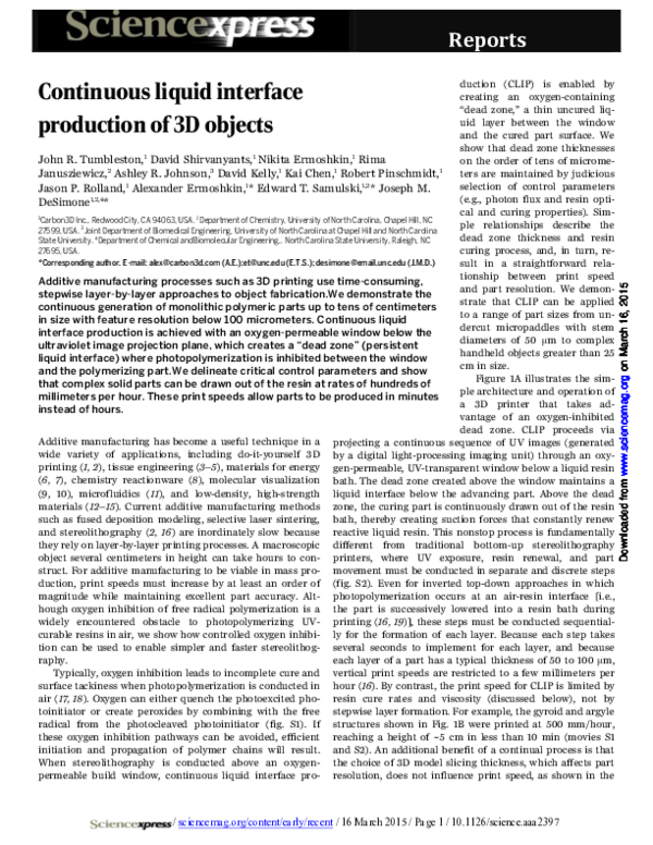 (PDF) Continuous Liquid Interface Production of 3D Objects: An Unconventional Technology and its ...