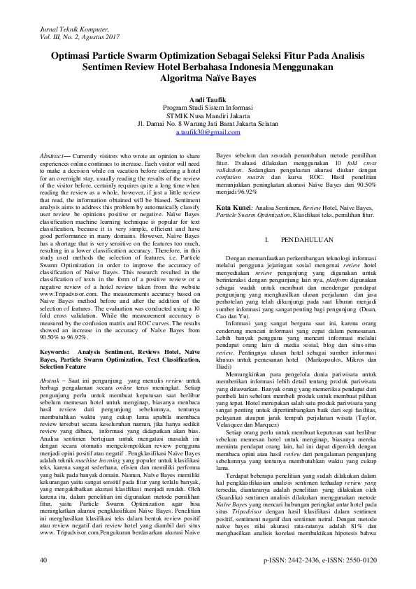 (PDF) Optimasi Particle Swarm Optimization Sebagai Seleksi Fitur Pada Analisis Sentimen Review ...
