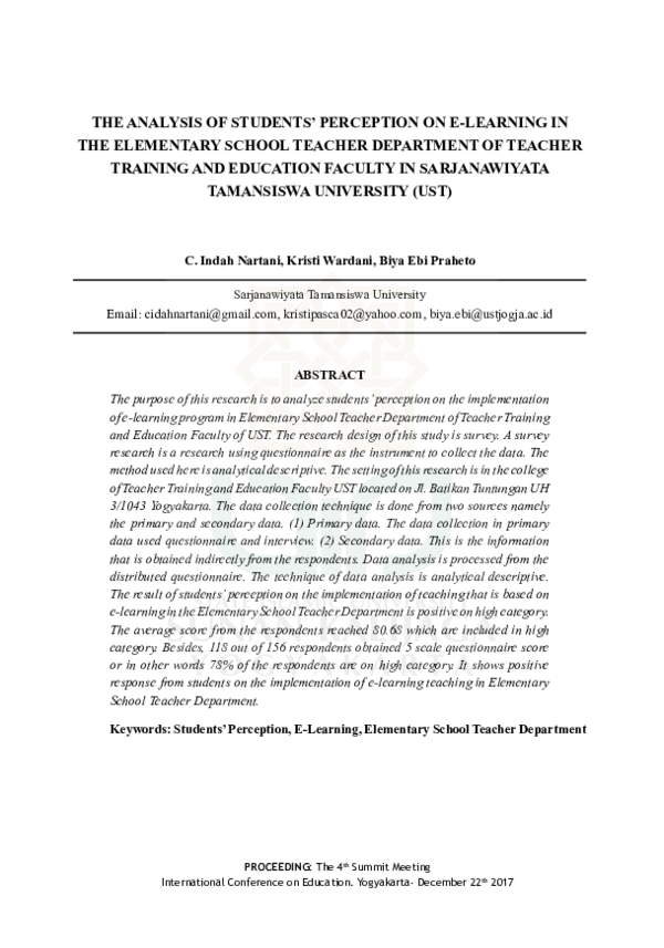 (PDF) The Analysis of Students’ Perception on E-Learning Inthe Elementary School Teacher ...