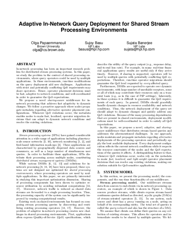 (PDF) Adaptive in-network query deployment for shared stream processing environments