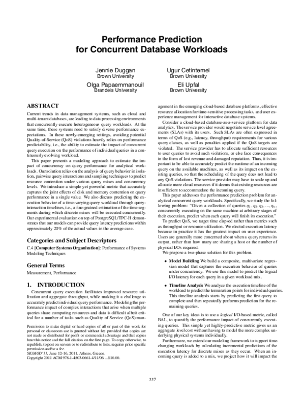 (PDF) Performance prediction for concurrent database workloads