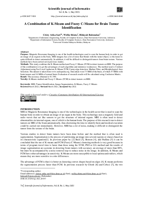 (PDF) A Combination of K-Means and Fuzzy C-Means for Brain Tumor Identification