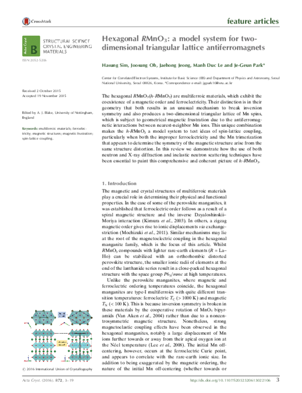 (PDF) Hexagonal RMnO3: a model system for two-dimensional triangular lattice antiferromagnets