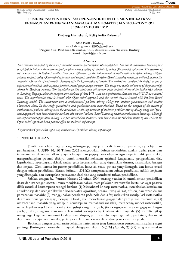 (PDF) Penerapan Pendekatan Open-Ended Untuk Meningkatkan Kemampuan Pemecahan Masalah Matematis ...