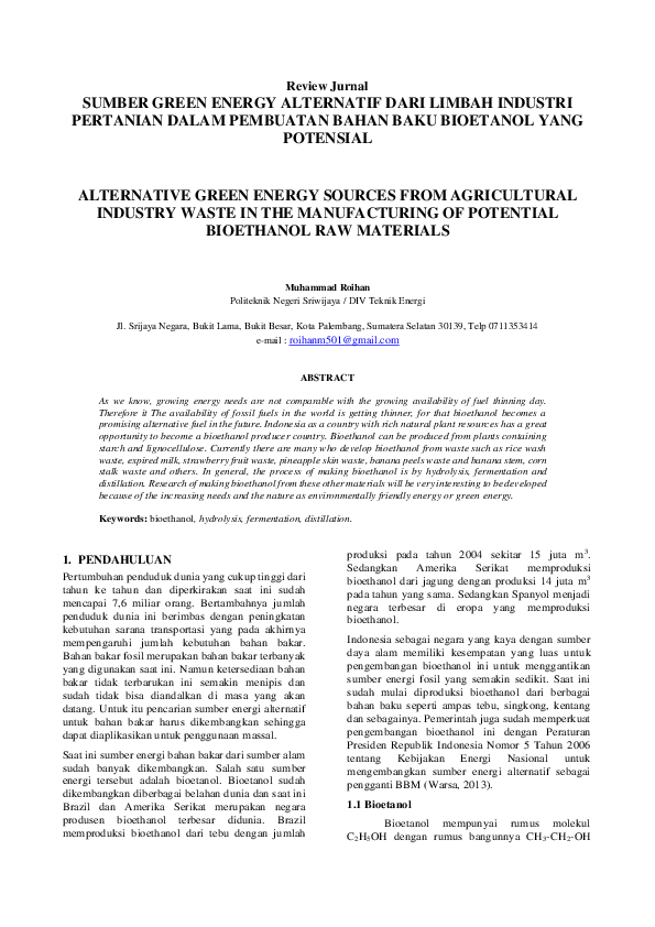 (PDF) SUMBER GREEN ENERGY ALTERNATIF DARI LIMBAH INDUSTRI PERTANIAN ...