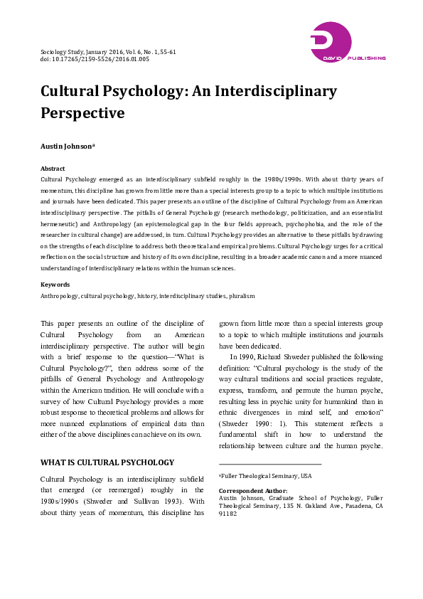 (PDF) Cultural Psychology: An Interdisciplinary Perspective