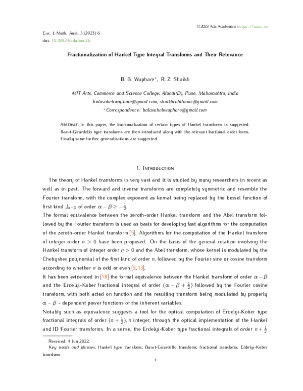 (PDF) Fractionalization of Hankel Type Integral Transforms and Their ...