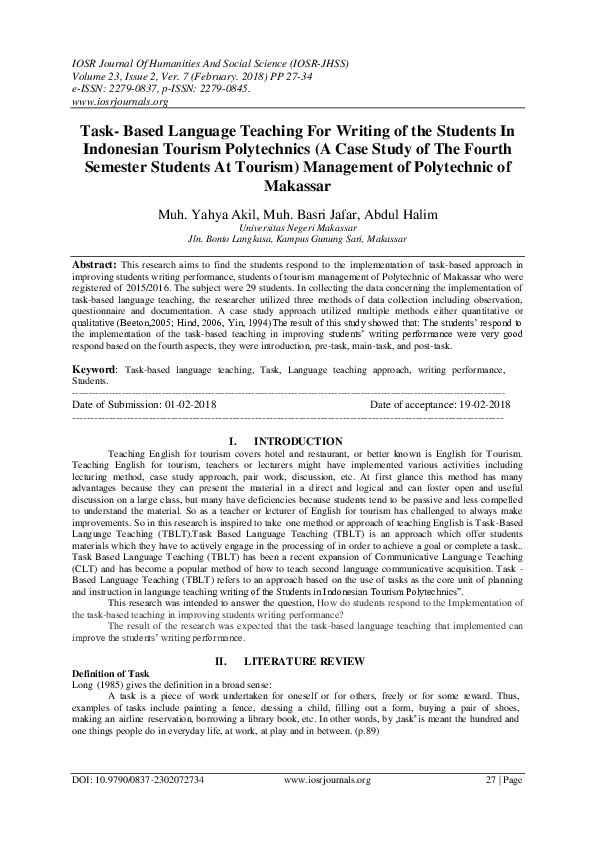 (PDF) Task-Based Language Teaching For Writing of the Students In Indonesian Tourism ...