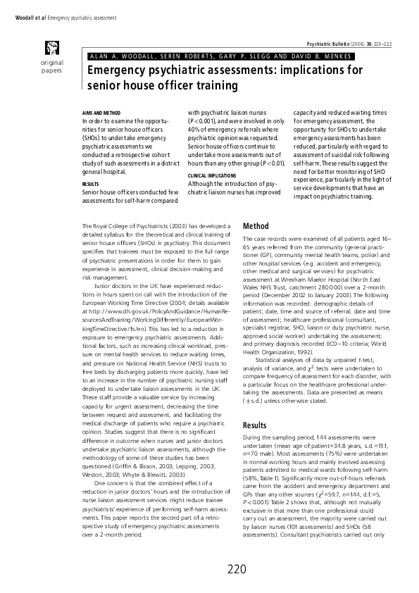 (PDF) Emergency psychiatric assessments: implications for senior house ...