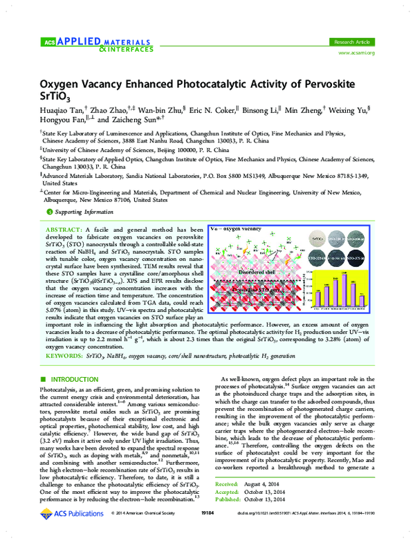 (PDF) Oxygen vacancy enhanced photocatalytic activity of pervoskite SrTiO(3)