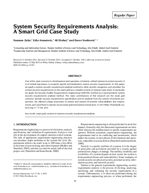 (PDF) System Security Requirements Analysis:A Smart Grid Case Study