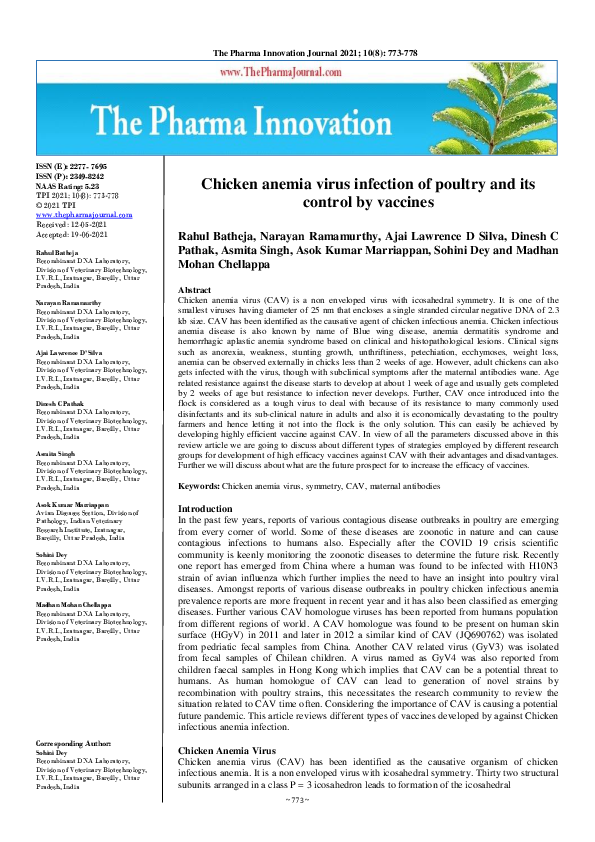 (PDF) Chicken anemia virus infection of poultry and its control by vaccines
