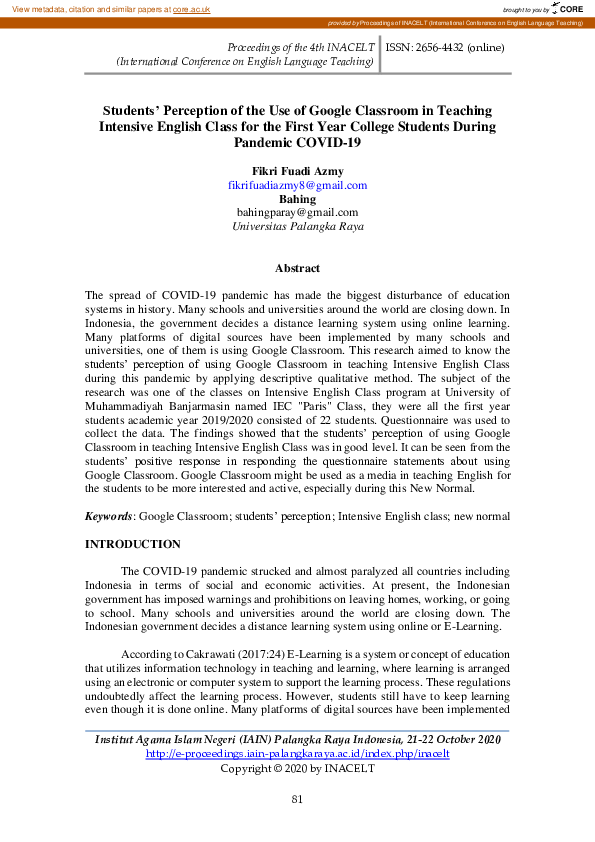 (PDF) Students’ Perception of the Use of Google Classroom in Teaching ...