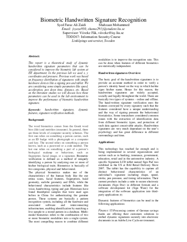 Pdf Biometric Handwritten Signature Recognition