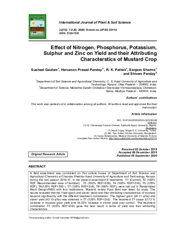 (PDF) Effect of Nitrogen, Phosphorus, Potassium, Sulphur and Zinc on ...