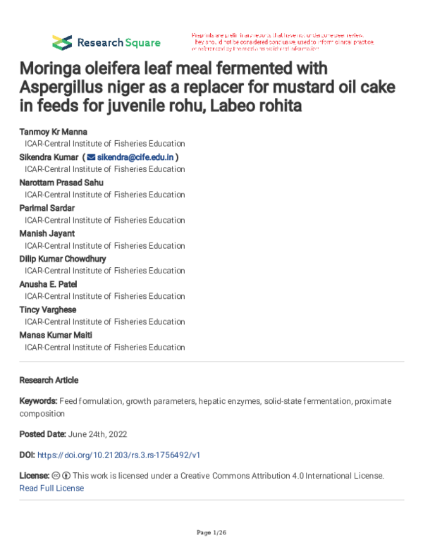(PDF) Moringa oleifera leaf meal fermented with Aspergillus niger as a ...