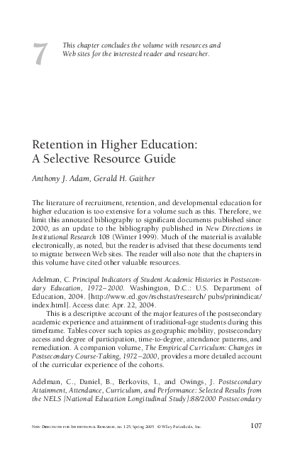(PDF) Retention in higher education: A selective resource guide