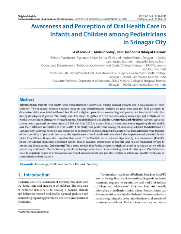 (PDF) Awareness and Perception of Oral Health Care in Infants and ...