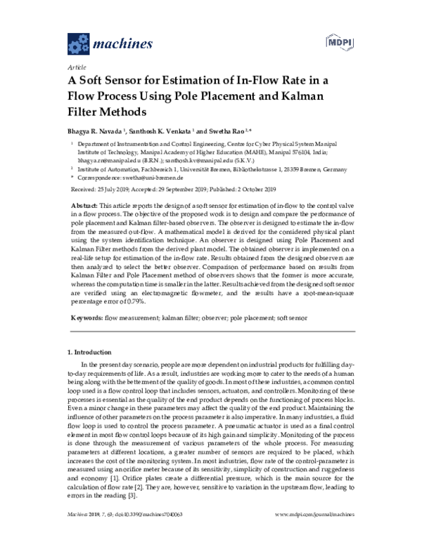 Pdf A Soft Sensor For Estimation Of In Flow Rate In A Flow Process Using Pole Placement And