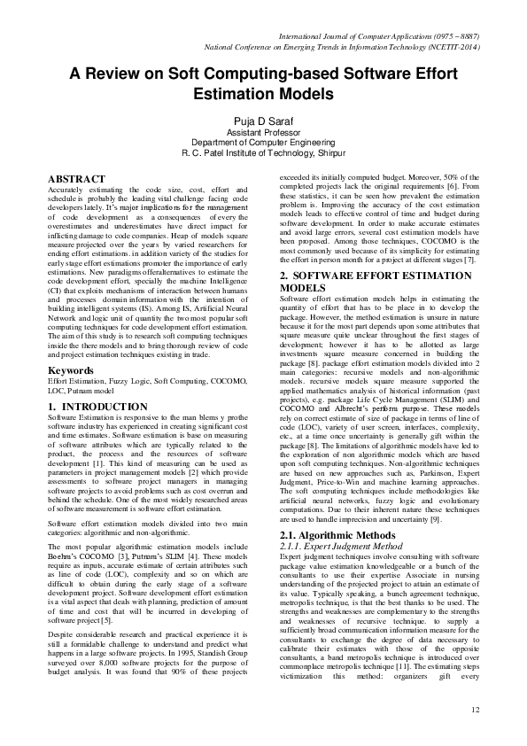 Pdf A Review On Soft Computing Based Software Effort Estimation Models