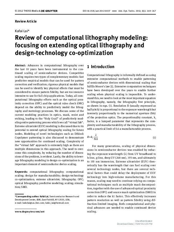 Pdf Review Of Computational Lithography Modeling Focusing On Extending Optical Lithography