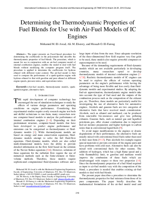 (PDF) Determining the Thermodynamic Properties of Fuel Blends for Use with Air-Fuel Models of IC ...