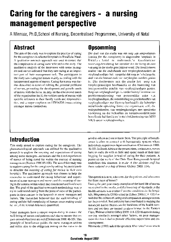 (PDF) Caring for the caregivers - a nursing management perspective