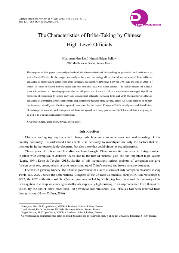 (PDF) The Characteristics of Bribe-Taking by Chinese High-Level Officials