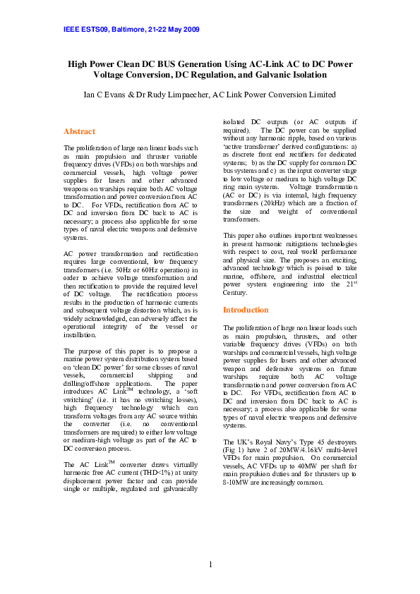 (PDF) High power clean DC bus generation using AC-link AC to DC power voltage conversion, DC ...