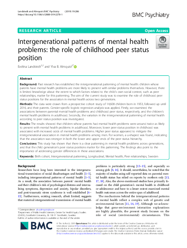 (PDF) Intergenerational patterns of mental health problems: the role of childhood peer status ...