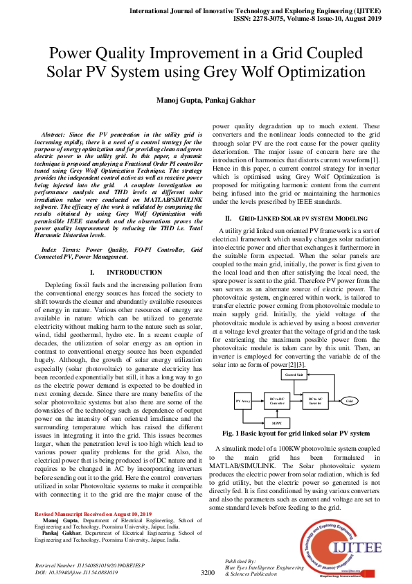 (PDF) Power Quality Improvement in a Grid Coupled Solar PV System using Grey Wolf Optimization