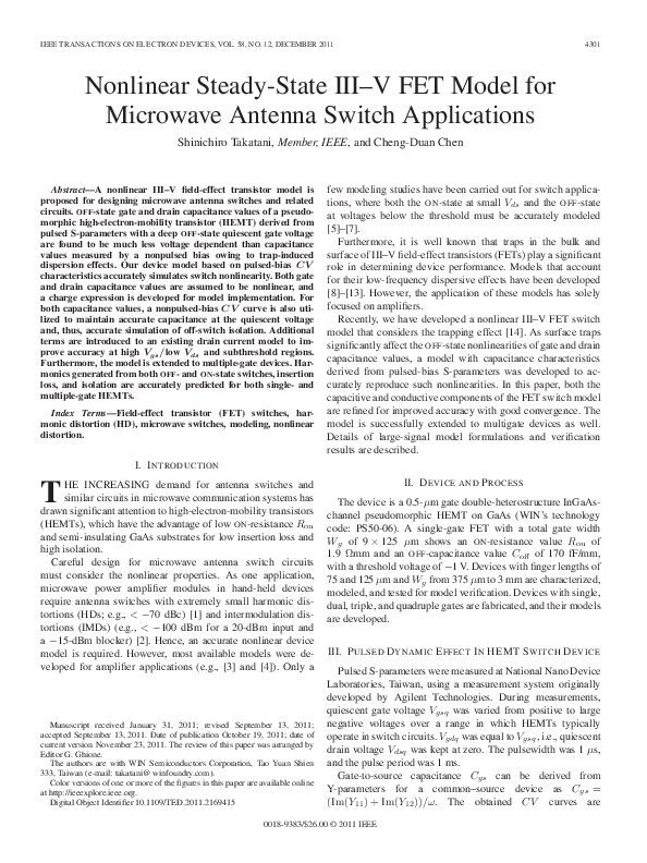 Pdf Nonlinear Steady State Iii V Fet Model For Microwave Antenna