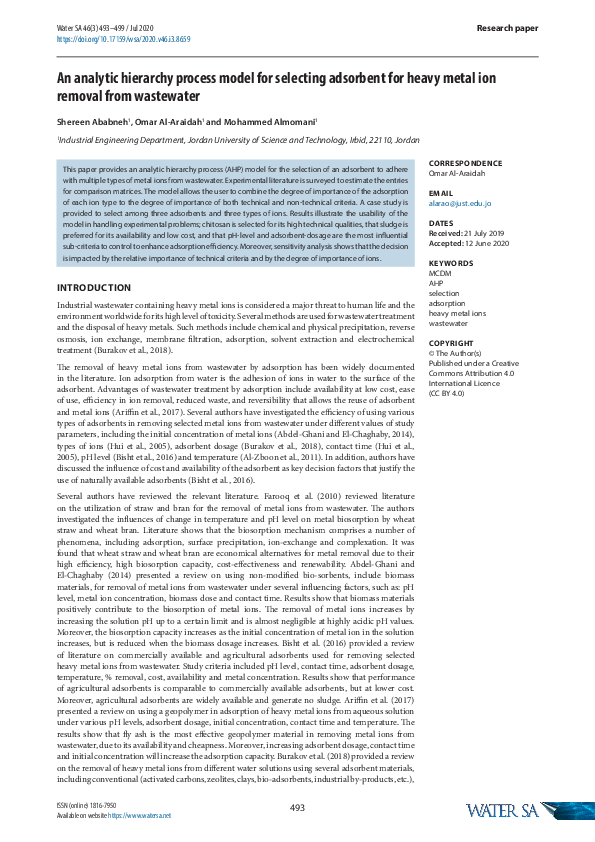 (PDF) An analytic hierarchy process model for selecting adsorbent for heavy metal ion removal ...