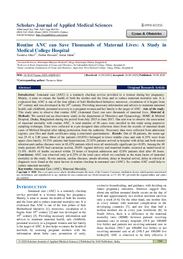 (PDF) Routine ANC can Save Thousands of Maternal Lives: A Study in ...