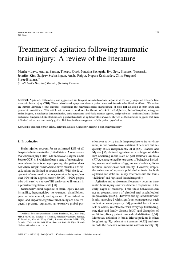 (PDF) Treatment of agitation following traumatic brain injury: A review ...