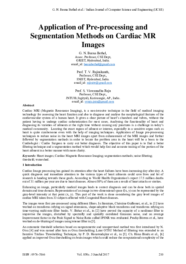 (PDF) Application of Pre-processing and Segmentation Methods on Cardiac MR Images