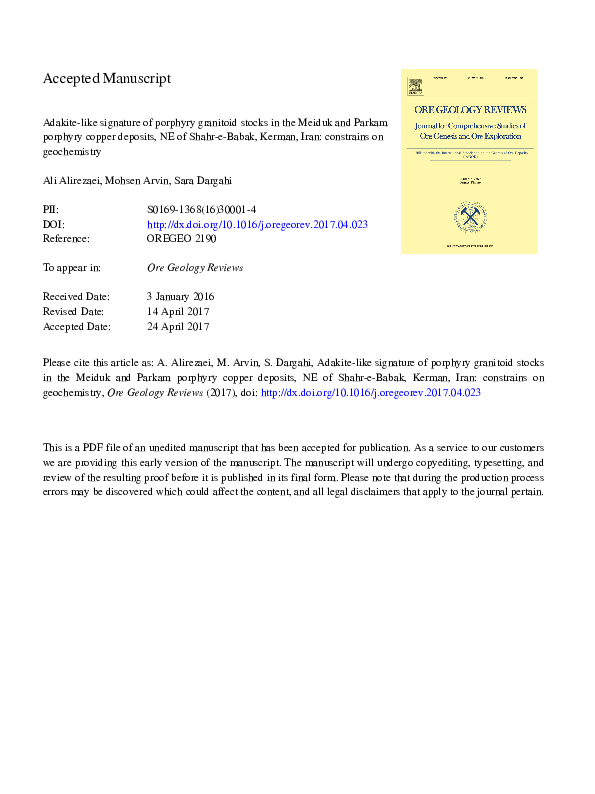 (PDF) Adakite-like signature of porphyry granitoid stocks in the Meiduk ...