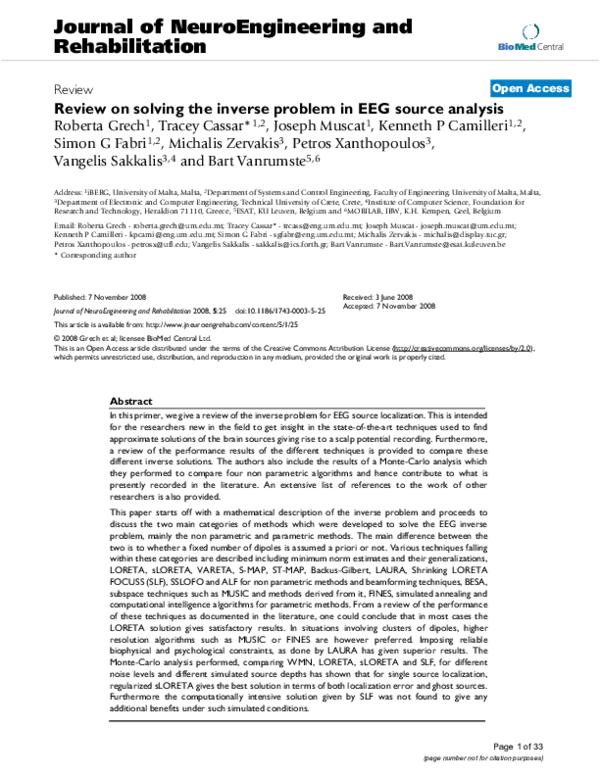 Pdf Review On Solving The Inverse Problem In Eeg Source Analysis