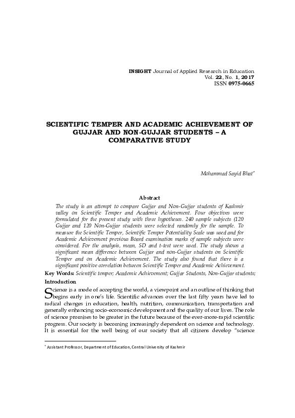 (PDF) SCIENTIFIC TEMPER AND ACADEMIC ACHIEVEMENT OF GUJJAR AND NON ...