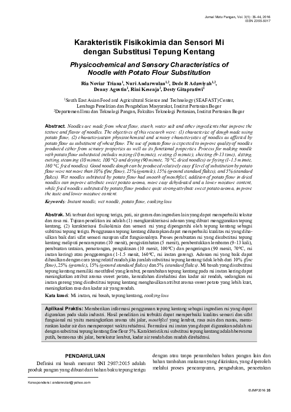 (PDF) Karakteristik Fisikokimia dan Sensori Mi dengan Substitusi Tepung Kentang